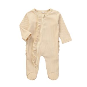 lelloing newborn baby boy long sleeve romper infant girls solid color footed onesie ribbed jumpsuit unisex basic pajamas(pajama-beige,0-3m)