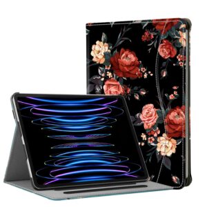 hepix ipad pro 12.9 case 2022 2021 2020 2018 rose flower ipad 6th 5th 4th 3rd gen with pencil holder, black floral multi-angle stand pocket protective leather cover auto sleep wake