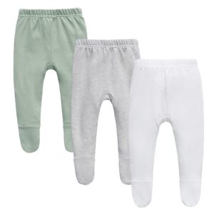 o2 baby organic cotton unisex baby jogger pants, 3-pack pull-on bottoms, newborn leggings (newborn, grey/white/green)