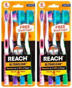 reach ultra-clean floss bristles soft toothbrush, assorted colors, 4 count (pack of 2) total 8 toothbrushes