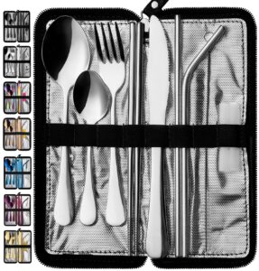 vandbao portable travel utensils, reusable silverware with case for fixing tableware, 9 pieces stainless steel stable flatware set, camping picnic cutlery set (silver set)