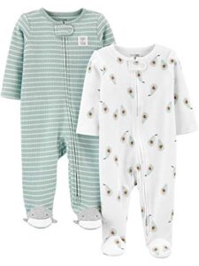 simple joys by carter's baby 2-way zip thermal footed sleep and play, pack of 2, mint green stripe/white avocados, newborn