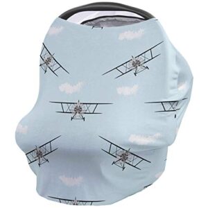 car seat canopy nursy cover airplane, multi use breastfeeding scarf for infant carseat canopy stroller shopping cart highchair old aircraft biplanes in blue sky speedy propellers wings retro design