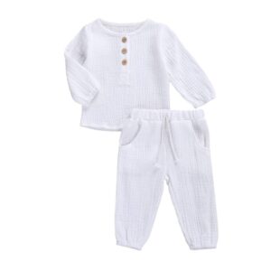 toddler baby boy girl cotton linen pants set solid long sleeve t shirt top drawstring elastic waist pants outfit (a-white, 12-24m)