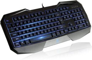 beastron si-859 wired rgb backlit gaming keyboard, led 104 keys usb ergonomic wrist rest spill-resistant design, ultra-slim quiet mechanical feeling keyboard for windows pc gamers, black