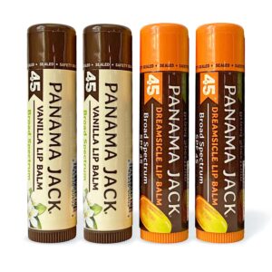 panama jack sunscreen lip balm - spf 45, flavor pack, broad spectrum uva-uvb sunscreen protection, prevents & soothes dry, chapped lips (dreamsicle/vanilla)