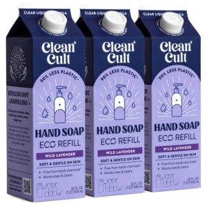 cleancult liquid hand soap refills - wild lavender - moisturizes dry & sensitive skin -made with aloe vera & lavender essential oils - eco friendly - paper-based packaging - 32 oz/3 pack