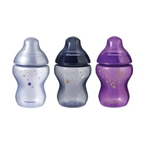 tommee tippee closer to nature baby bottles, slow flow breast-like nipple with anti-colic valve, 9oz, 3 count, midnight skies