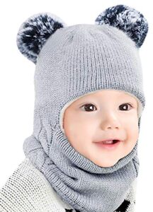 bienvenu baby boy girl winter hat, kids earflap hat with scarf, toddler fleece beanie cap balaclava, gray