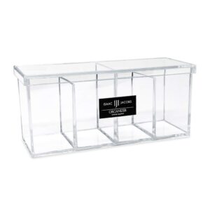 isaac jacobs 4-compartment clear acrylic organizer with lid (9” l x 3” w x 4” h), makeup brush holder, sectional tray, storage solution for makeup, crafts, office supplies & more (1, clear)