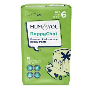 mum & you nappychat premium performance eco diaper pants, size 6 (18 diapers) smart tube technology leak protection. 100% recyclable. hypoallergenic, dermatologically-tested. no lotion, perfume or dye