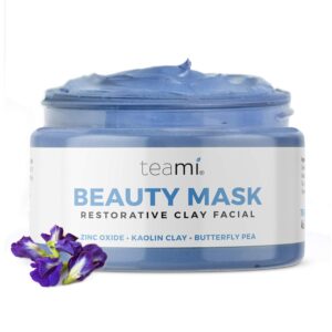 teami beauty facial mask - moisturizing face mask skin care - anti acne & blackhead remover with butterfly pea flower & kaolin clay - deep cleansing face mask for oily, dry, or sensitive skin