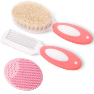 baby hair brush and comb set for newborns & toddlers，natural soft bristles，ideal for cradle cap， baby registry gift (pink)