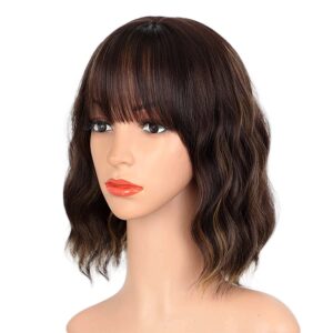 entranced styles dark brown wigs for women, blonde highlights wig natural looking short wavy bob wig with bangs medium length heat resistant synthetic wig daily party use 12”