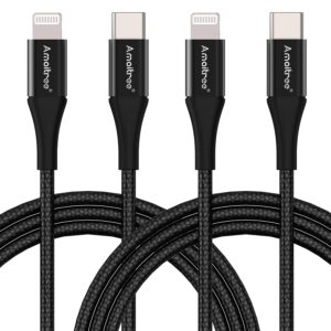 amaitree usb c to lightning cable 4ft, [apple mfi certified] 2-pack 3a fast charging type-c to lightning woven cable, car play charging braided cable for iphone 14/13/12/11/xs/xr/8 series - black