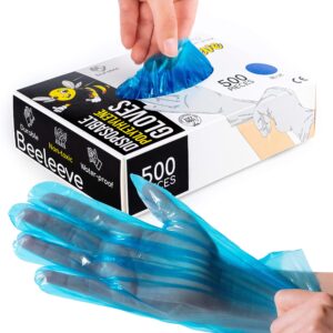 beeleeve [500-box disposable plastic poly gloves - one size fits most - color variants - single-use hand covers for food safe handling, preparation, kitchen, cooking, waterproof, bulk (b - blue)