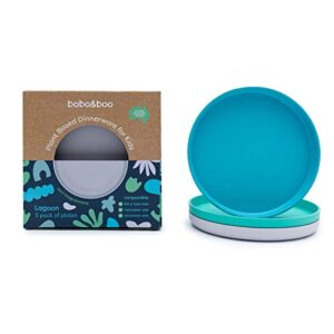 bobo&boo colorful plant-based 7.5 inch kids plates for toddler eating – set of 3, plant-based, melamine-free and microwave safe – eco-friendly toddler plate set for boys and girls - lagoon