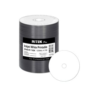 100 pack ritek pro (professional grade) dvd-r 16x 4.7gb azo dye (mid mxl rg04) white inkjet hub printable blank media recordable disc