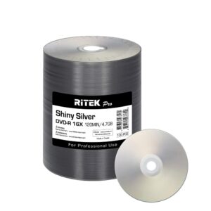 100 pack ritek pro (professional grade) dvd-r 16x 4.7gb azo dye (mid mxl rg04) shiny silver lacquer silk screen printable blank media recordable disc