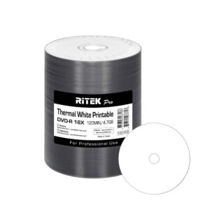 100 pack ritek pro (professional grade) dvd-r 16x 4.7gb azo dye (mid mxl rg04) white thermal hub printable blank media recordable disc