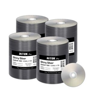 400 pack ritek pro (professional grade) dvd-r 16x 4.7gb azo dye (mid mxl rg04) shiny silver lacquer silk screen printable blank media recordable disc