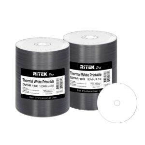 200 pack ritek pro (professional grade) dvd-r 16x 4.7gb azo dye (mid mxl rg04) white thermal hub printable blank media recordable disc