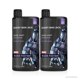 every man jack body wash - marvel black panther | 16.9-fl oz twin pack - 2 bottles included | naturally derived, parabens-free, pthalate-free, dye-free, and certified cruelty free