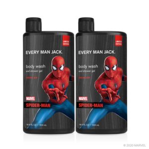 every man jack body wash - marvel spider man | 16.9-ounce twin pack - 2 bottles included | naturally derived, parabens-free, pthalate-free, dye-free, and certified cruelty free