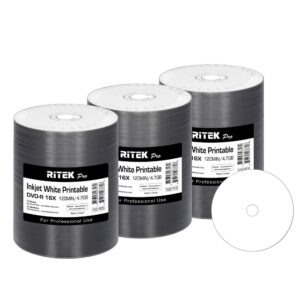 300 pack ritek pro (professional grade) dvd-r 16x 4.7gb azo dye (mid mxl rg04) white inkjet hub printable blank media recordable disc