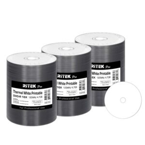 300 pack ritek pro (professional grade) dvd-r 16x 4.7gb azo dye (mid mxl rg04) white thermal hub printable blank media recordable disc