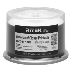 300 pack ritek pro (professional grade) dvd-r 16x 4.7gb azo dye (mid mxl rg04) watershield water resistant glossy white inkjet hub printable blank recordable disc