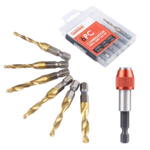 luckyway 7-piece combination drill and tap bits with quick-change adapter, 3-in-1 titanium coated screw tapping bit tool for drilling, tapping, countersinking