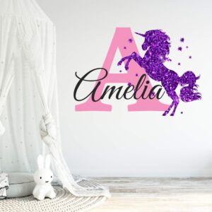 nursery girls purple glitter sparkle printed unicorn custom personalized name and initial wall decal, wall decor wall stickers (medium)