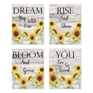 sweet jojo designs yellow sunflower boho floral wall art prints room decor for baby, nursery, and kids - set of 4 - farmhouse wood grain rustic watercolor flower vintage southern country