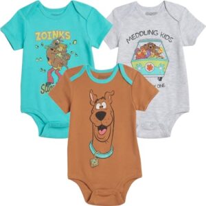 scooby-doo baby boys 3 pack short sleeve bodysuit gray/blue/brown 6-9 months