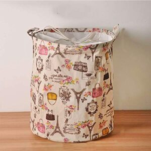 paris printed laundry hamper canvas fabric laundry basket,collapsible storage bin with handle and drawstring closure for girls room, canvas organizer basket 15.7 by 19.7 inches, waterproof inner, pink