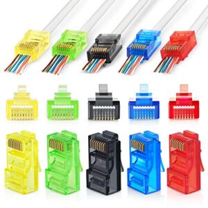 ems rj45 cat6 pass through connectors, assorted colors - pack of 100 - ez to crimp modular plug for solid or stranded utp network cable