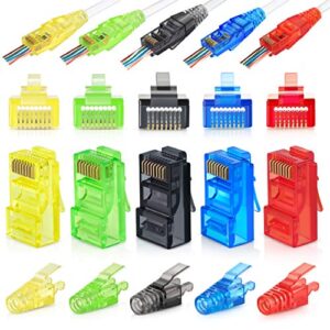 ems rj45 cat6 pass through connectors and strain relief boots, assorted colors - pack of 100/100 | ez to crimp modular plug for solid or stranded utp network cable