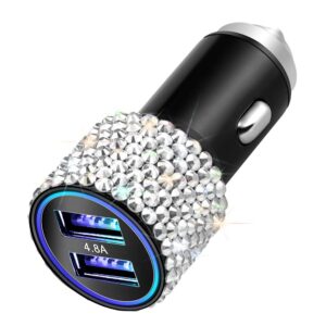 otostar dual usb car charger, 4.8a output, bling crystal diamond car decorations accessories fast charging adapter for iphones android ios, samsung galaxy, lg, nexus, htc (silver)