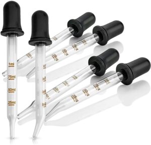 eye dropper - 6-pack, bent & straight tip calibrated glass medicine droppers for essential oils | pipette dropper for accurate easy dose & measurement (1ml capacity)