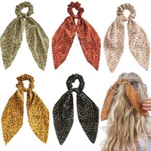 chiffon floral hair scarf with ribbon bows for women and girls - 5 pcs scrunchies with ponytail holders