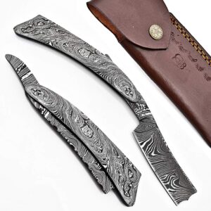 hand made damascus steel straight razor folding razor with shaving ready classic barber blade edge, men straight razor, leather case + strop, close shave, great gift r-25