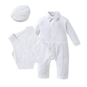 hosukko baptism outfits for boys, long sleeve one-piece romper & vest & beret & bow tie sets, infant baby boy christening outfit (white,6-12m)