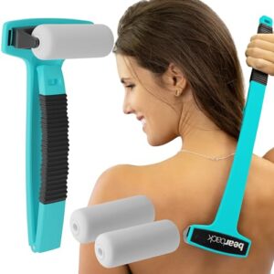 bearback lotion applicator for back & body – premium long folding handle with 2 rollers – apply self-tanner, lotion, medication – american small business (teal)