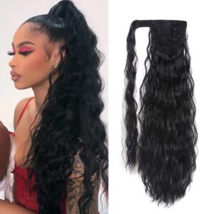 yeame corn wave ponytail extension clip in - 22 inch long wavy curly wrap around pony tail heat resistant synthetic hairpiece for women (natural black #1b)