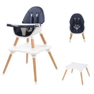 joymor 5-in-1 convertible baby high chair for babies and toddlers, table and chair set, wooden infant eating highchair with leather seat cushion, 4-position removeable & adjustable tray (blue)