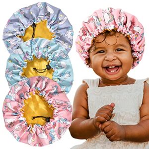 3 pieces kids unicorn satin bonnet adjustable sleeping cap soft silk flower night hats for natural hair teens toddler child baby reversible double