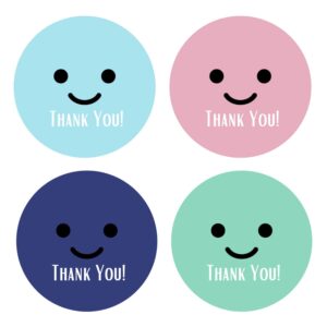 mobiusea party thank you stickers roll | happy smiley faces |1.5 inch | waterproof | 500 labels for small business, packaging, mailer seal stickers, baby showers, kids birthday party | 4 color designs