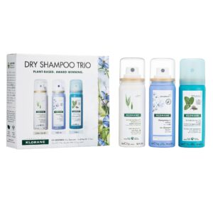 klorane dry shampoo discovery set. soothe, control oil, detox. all hair types, no white residue, paraben & sulfate-free, 3 x 1.0 oz, 3 ct.