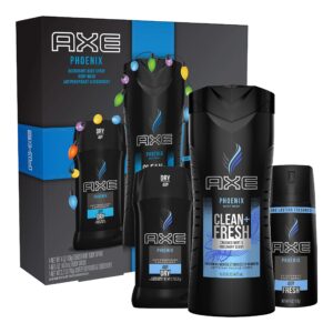 axe phoenix holiday gift set with body spray, antiperspirant & deodorant stick and body wash for grooming 3 count